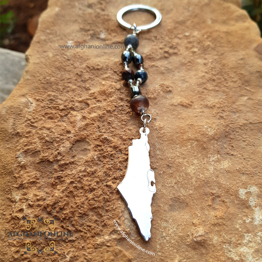 Map of Palestine key-chain silver with gemstone خارطة فلسطين مدالية مع ...